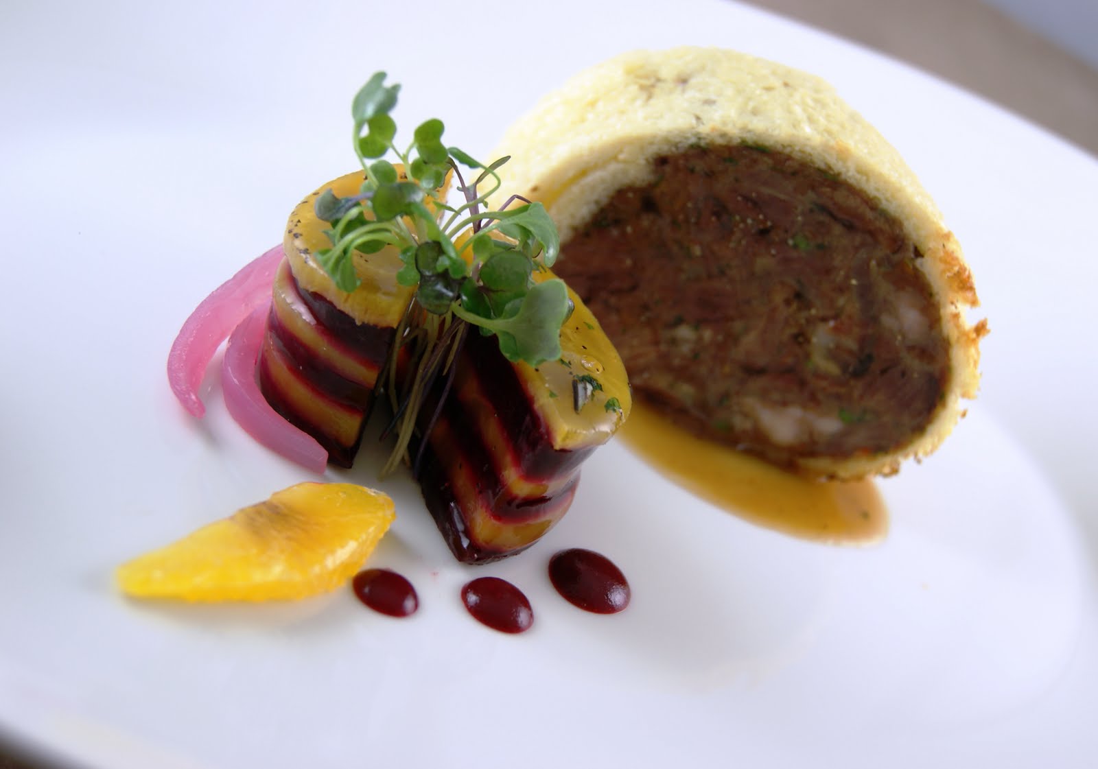 Warm Beef Short Rib Torchon wrapped in Brioche, Beet and Mustard Green ...