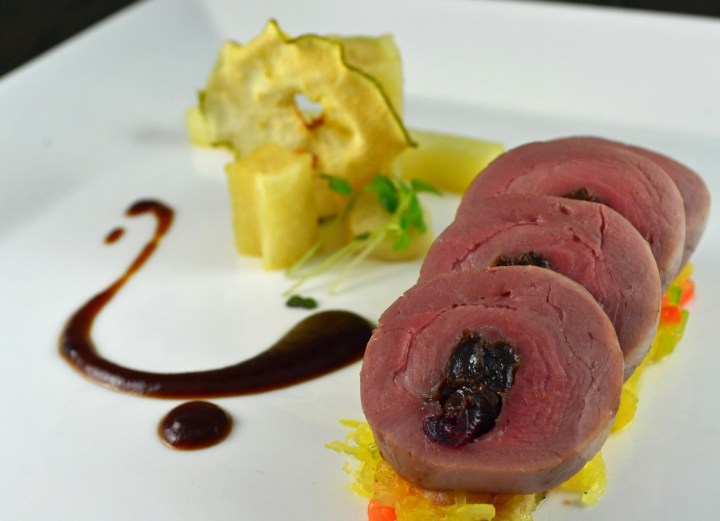Duck, Dried Fruit and Pecan Roulade with Spaghetti Squash, Potato and ...